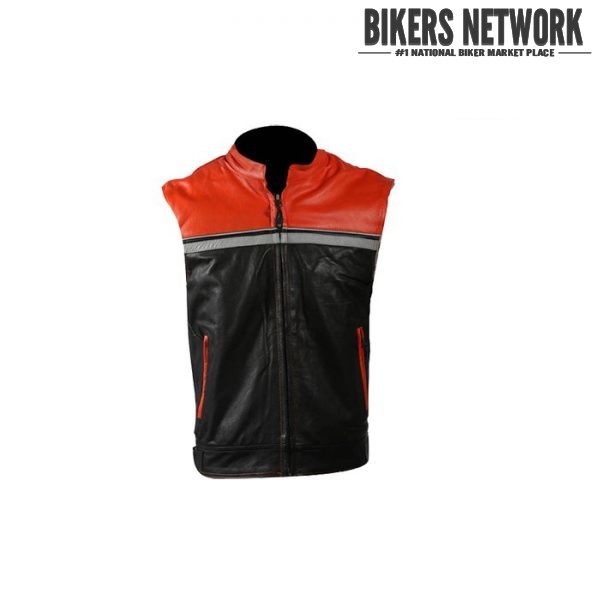 Mens Black & Orange Leather Vest – BNMV304-01 – Bikers Network